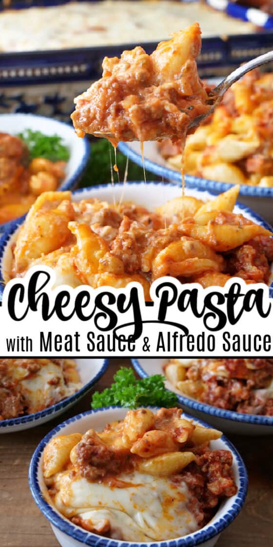 Cheesy Pasta with Meat Sauce and Alfredo Sauce